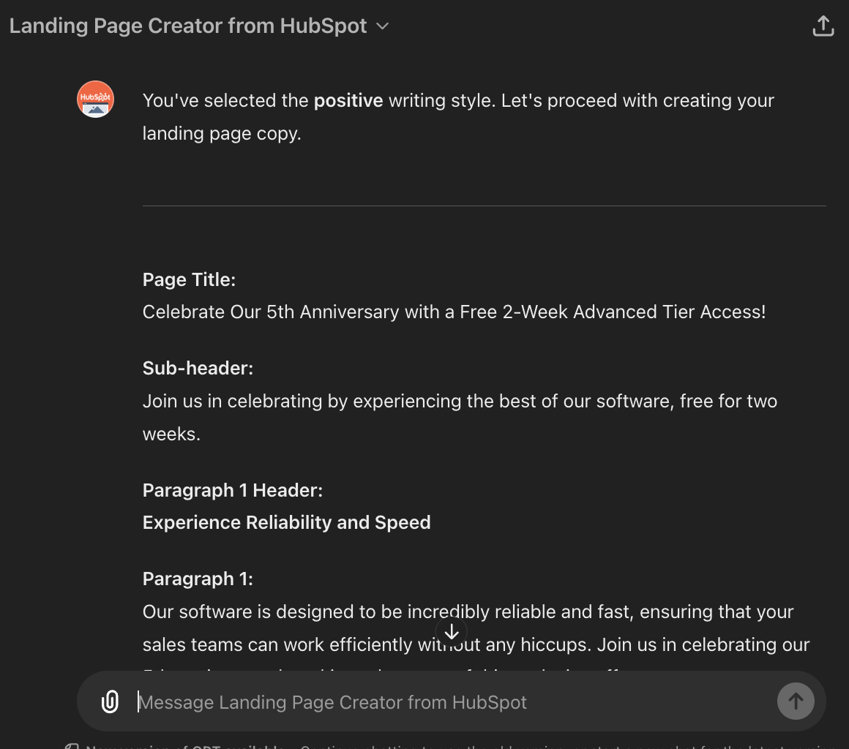 Creador de landing pages con GPT de HubSpot | AI Landing Page Generator